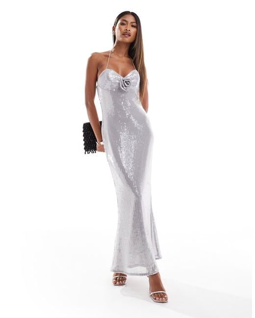 ASOS Sheer Sequin Corsage Bust Detail Midi Dress in White | Lyst