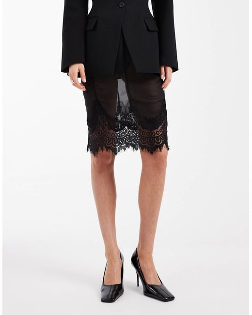 ASOS Chiffon Sheer Lace Trim Midi Skirt in Black | Lyst