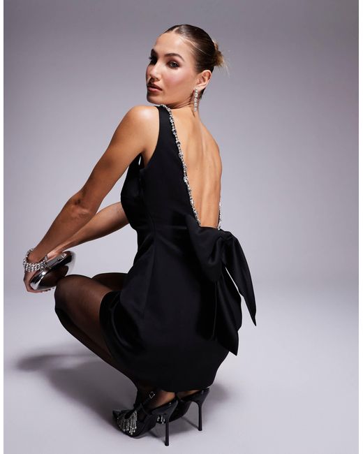 The Frolic Exclusive Diamante Trim Low Bow Back Satin Mini Dress in ...