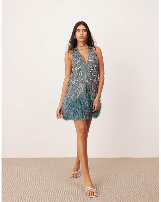 ASOS Embellished Plunge Neck Mini Dress With Faux Feather Hem in Blue | Lyst