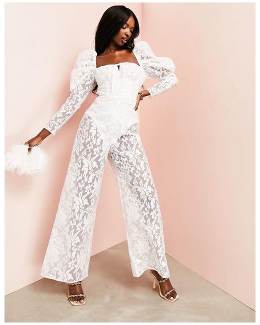 Asos Wedding Sheer Lace Jumpsuit With Puff Sleeves In White Natural
