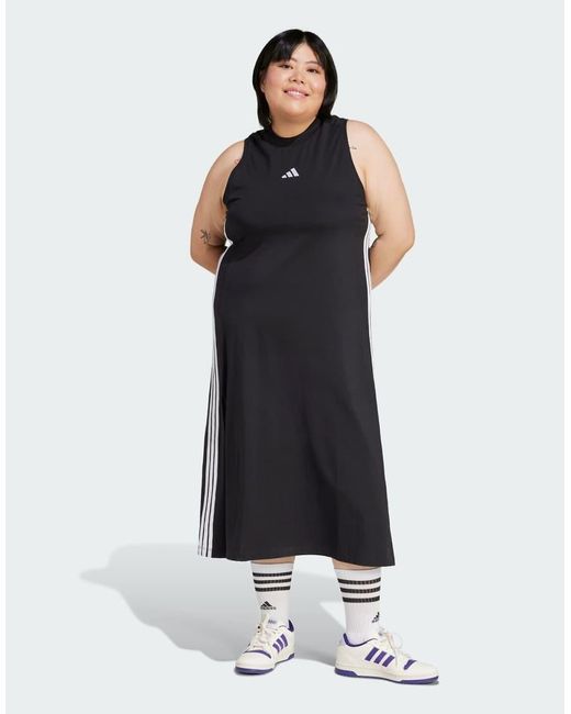 adidas Essentials 3-Stripes Long Racerback Dress (Plus Size) in Black ...