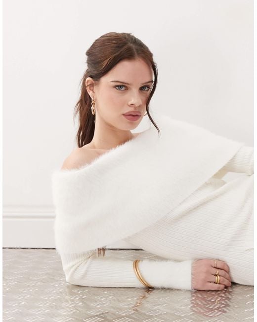 The Kript Off Shoulder Mini Dress With Faux Fur Cuffs And Fold Over in Natural | Lyst