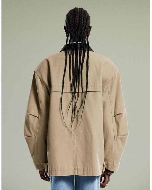 ASOS Oversized Washed Barn Jacket With Leather Look Collar in Natural ...