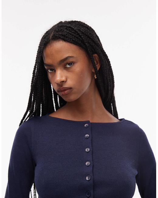 ASOS Neat Fit Mini Rib Button Through Top in Blue | Lyst