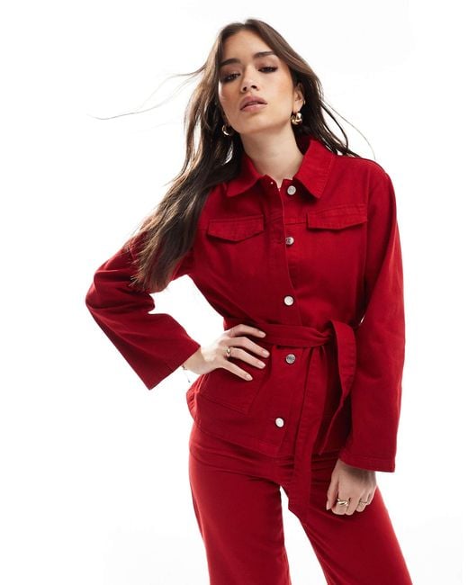 ASOS Tie Waist Denim Jacket in Red | Lyst