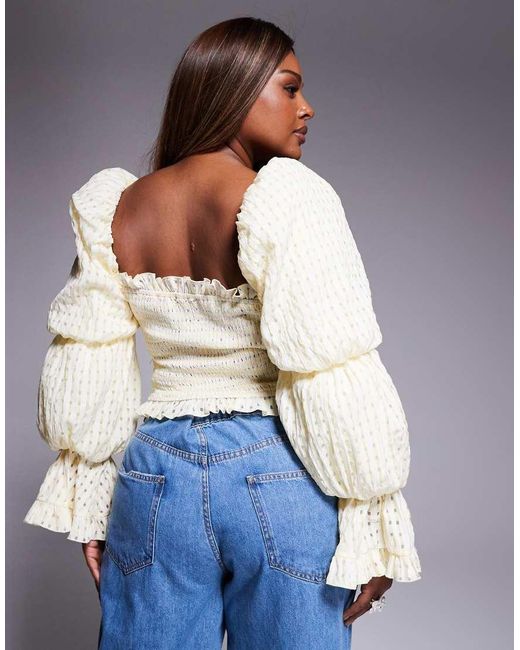 ASOS Curve Shirred Textured Gingham Puff Sleeve Top in Yellow | Lyst UK