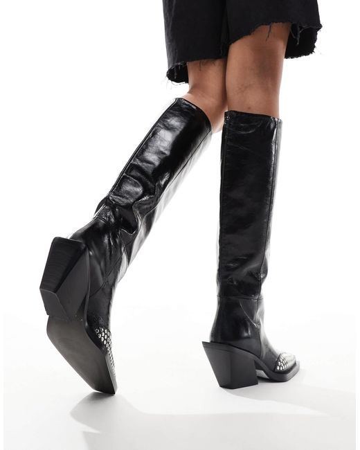 ASOS Cassie Premium Leather Western Knee Boots With Stud Detail in ...