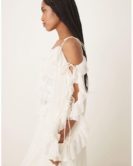 ASOS Off-shoulder Ruffle Top With Tie Sleeves in Natural | Lyst