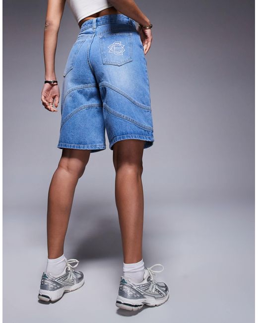 Courtside Seam Detail Denim Jort With Back Pocket Logo Embroidery in ...