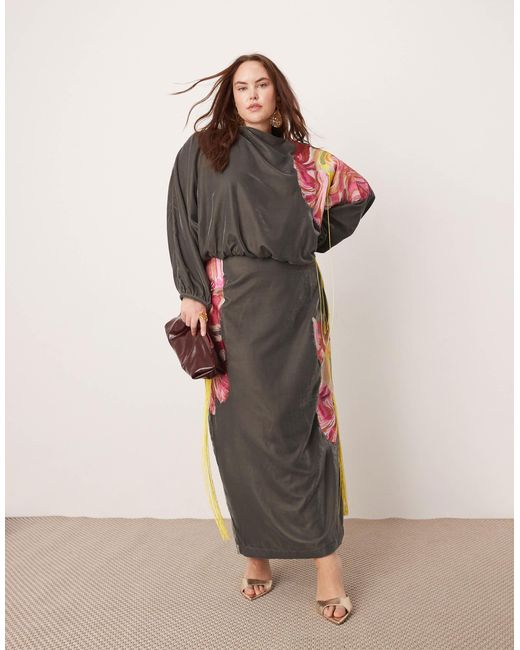 ASOS Curve Velvet Embroidered Maxi Dress With Fringe Detail in Brown | Lyst