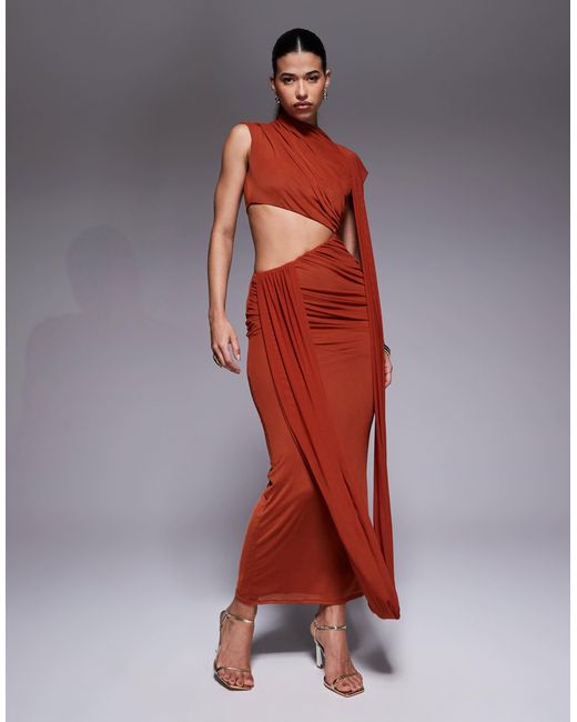 ASOS Mesh Drape Cut Out Maxi Dress in Red | Lyst