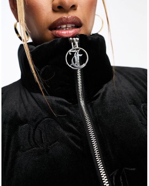 Juicy Couture Velour Monogram Logo Puffer Jacket in Black | Lyst UK