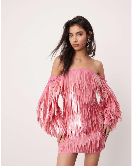 ASOS Embellished Shard Sequin Mini Dress With Oversized Sleeves in Pink ...