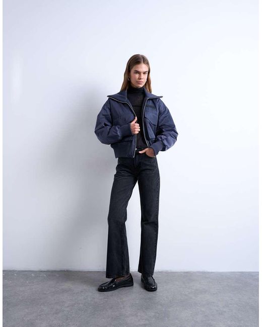 TOPSHOP Rib Wide Collar Short Bomber Jacket in Blue | Lyst UK