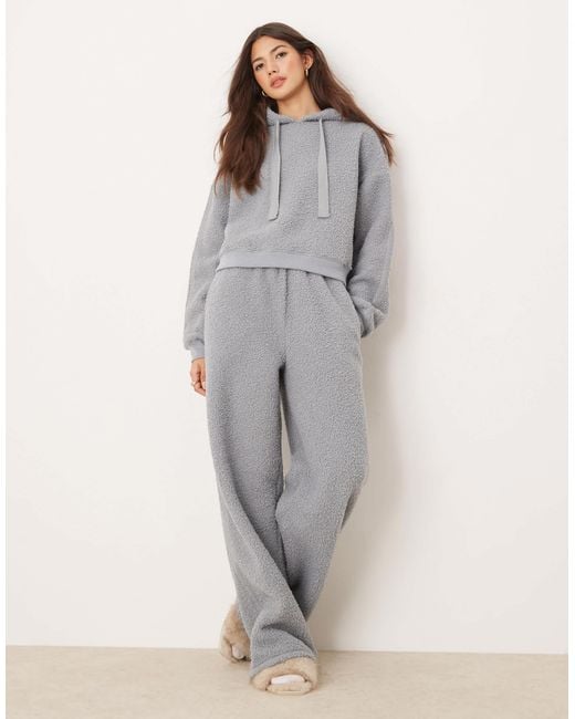 ASOS Lounge Borg Cropped Hoodie & Wide Leg Trackies Set in Gray | Lyst