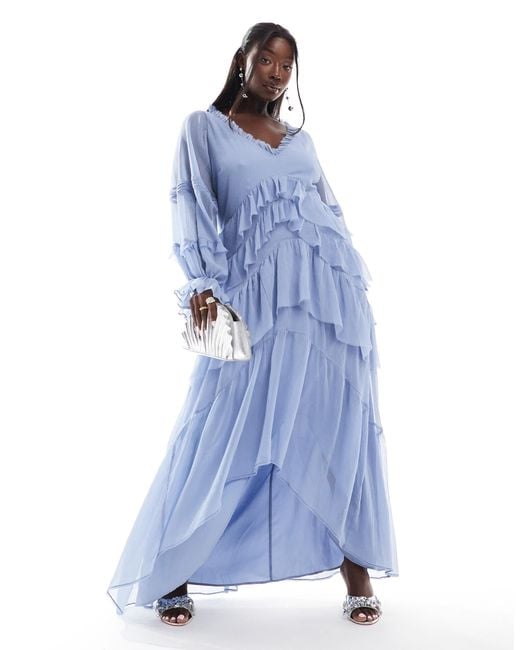 ASOS Asos Design Curve V Front Tiered Ruffle Maxi Dress With Hi Low Hem ...