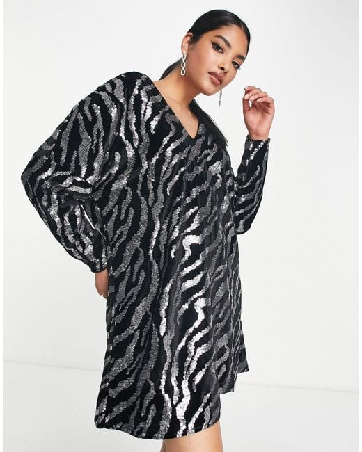 River Island Synthetic V Neck Batwing Sequin Mini Dress In Black Lyst