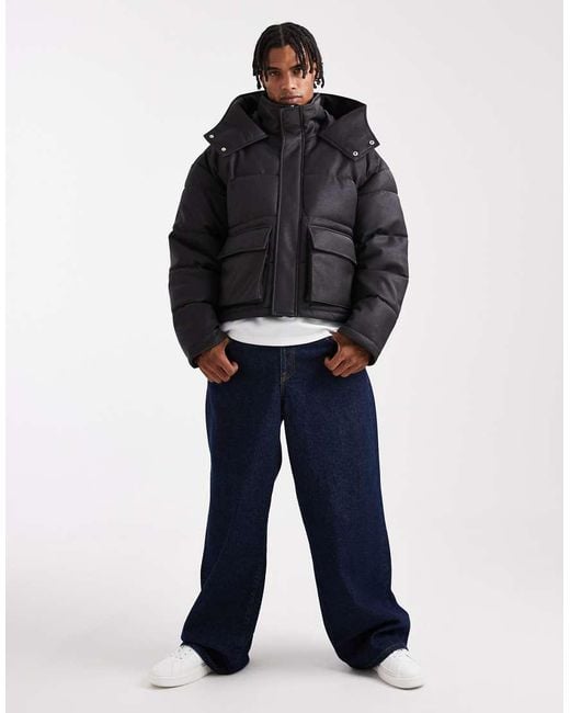 ASOS Oversized Faux Leather Puffer Jacket in Black for Men | Lyst UK
