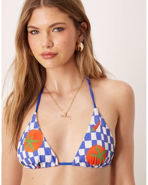 ASOS Lucy Chilli Print Triangle Bikini Top in Blue | Lyst