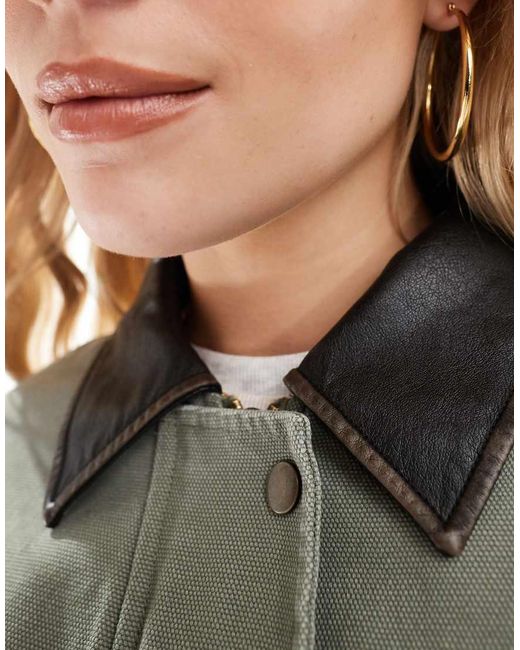 ASOS Oversized Washed Barn Jacket With Leather Look Collar in Grey ...