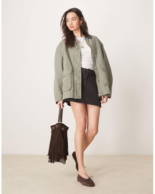 ASOS Oversized Washed Barn Jacket With Leather Look Collar in Gray | Lyst