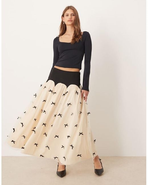 Never Fully Dressed Contrast Bow Drop Hem Maxi Skirt in Natural | Lyst UK