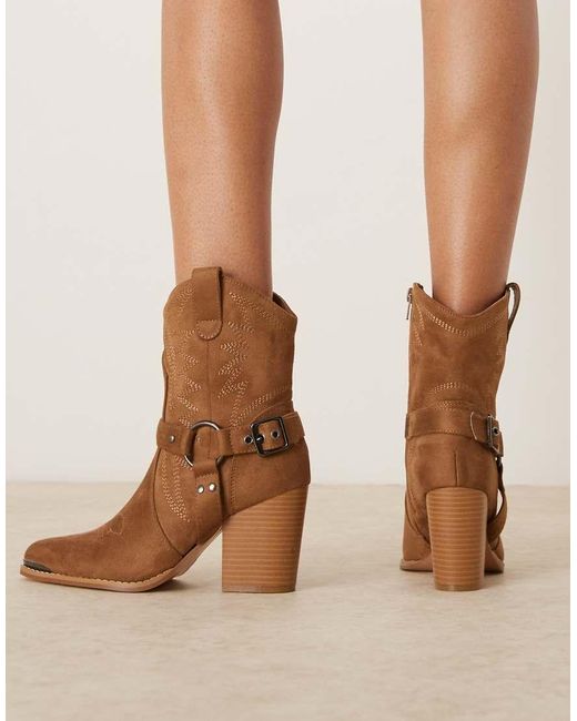Glamorous Western Heeled Ankle Boots in Natural | Lyst UK