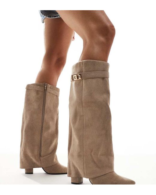 SEQWL Wide Fit Ranger Fold Over Knee Boots in Brown | Lyst UK
