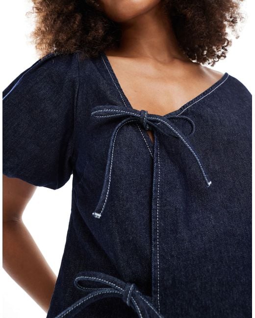 ASOS Denim Asymmetric Tie Side Top in Blue | Lyst