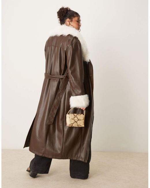 ASOS Asos Design Curve Faux Fur Collar And Cuff Longline Leather Look Coat in Natural | Lyst