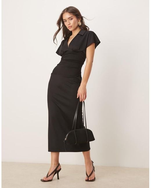 ASOS Short Sleeve Collared Midi Dress With Ribbed Waist Mix in Natural ...