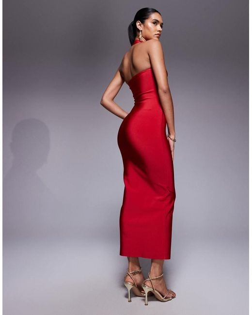ASOS Bandage Square Neck Halter Midi Dress in Red | Lyst UK