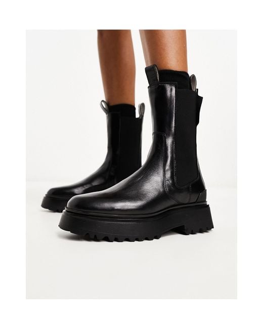 AllSaints Amber Leather Chunky Tall Chelsea Boots in Black | Lyst