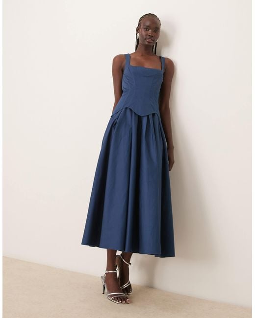 ASOS Structured Corset Full Skirt Midi Dress in Blue | Lyst