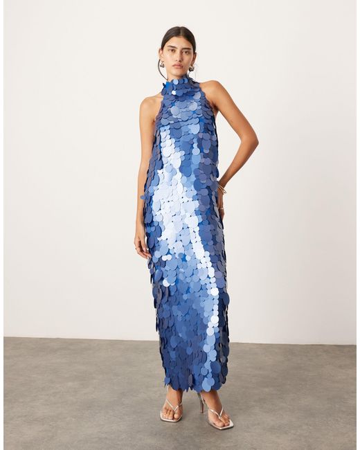 ASOS Embellished Matte Disc Sequin Column Midi Dress in Blue | Lyst