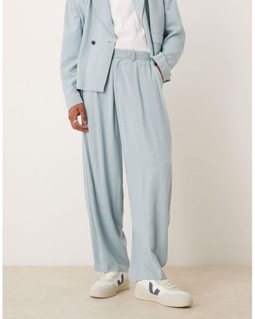 ASOS Barrel Leg Linen Blend Suit Pants in Blue for Men | Lyst