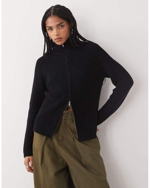 Monki Ribbed Knitted Two Way Zip Cardigan in Blue | Lyst UK