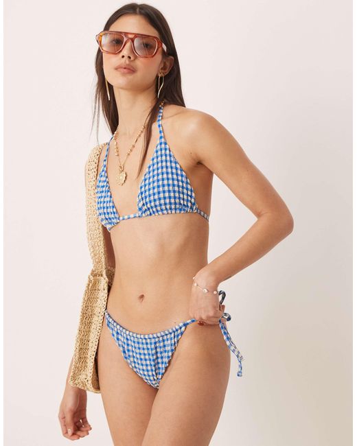 ASOS Seersucker Tie Side Bikini Bottom in Blue | Lyst
