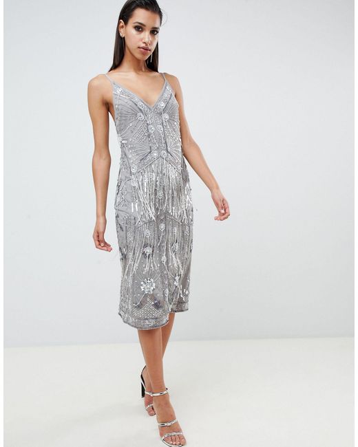 Asos Fringe Embellished Midi Slip Dress In Gray Lyst