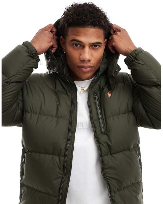 Polo Ralph Lauren Icon Logo Hooded Down Puffer Jacket in Black for Men ...