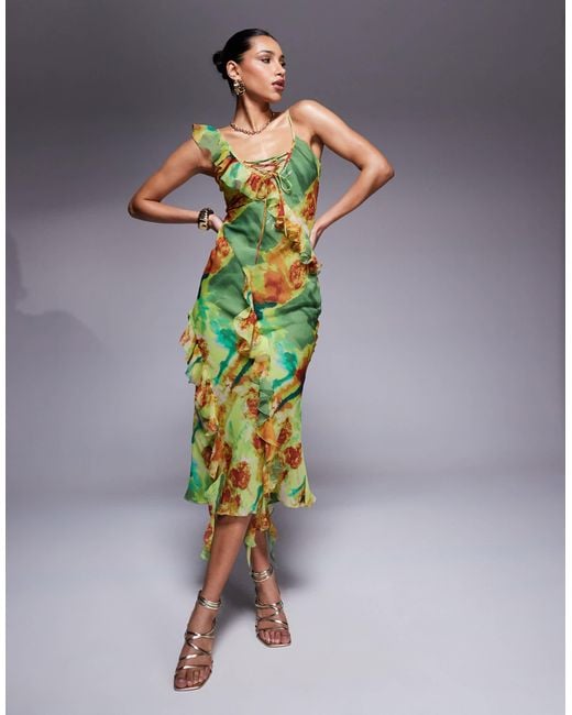 ASOS Plunge Lace Up Ruffle Cami Midi Dress Abstract Floral in Green | Lyst