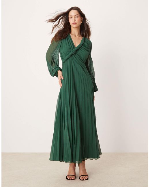 ASOS Twist Detail Wrap Front Pleated Midi Dress in Green | Lyst