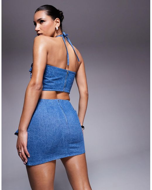 ASOS Denim Mini Skirt With 3d Floral Details in Blue | Lyst
