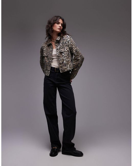 Mango Leopard Print Denim Jacket in Gray | Lyst