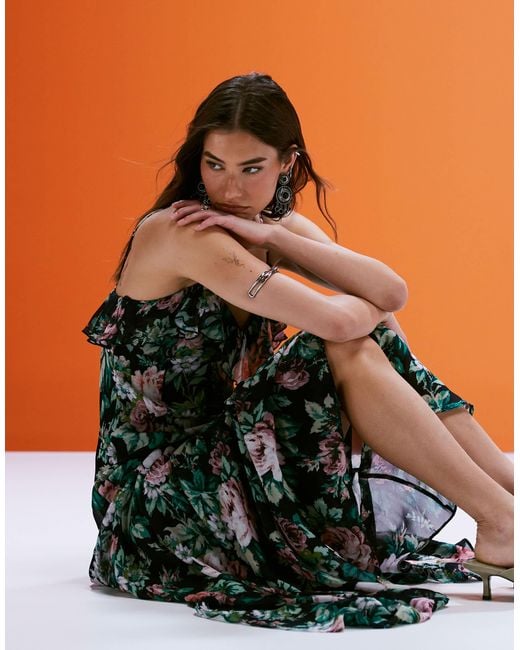 Mango Chiffon Ruffle Maxi Dress in Blue | Lyst