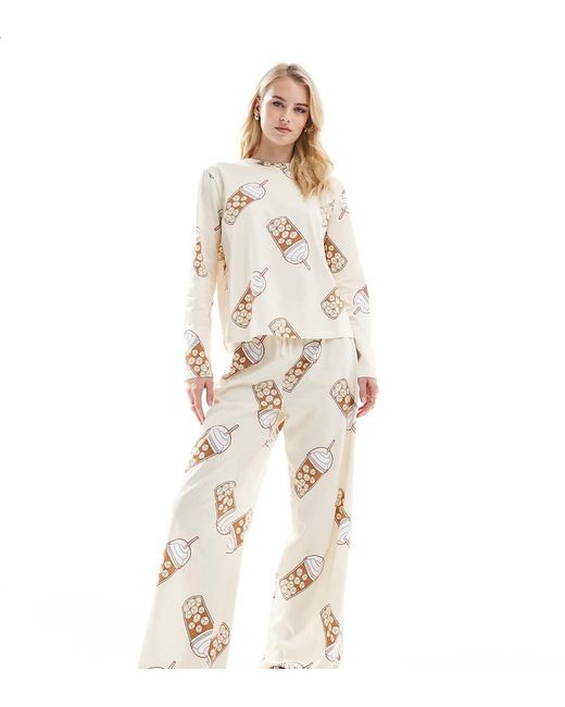 ASOS Asos Design Tall Iced Coffee Long Sleeve Top And Trouser Pyjama ...