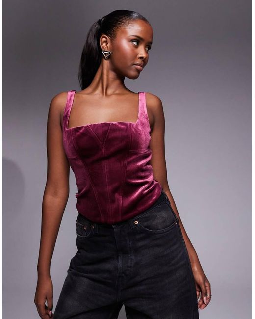 ASOS Square Neck Panelled Velvet Corset in Red | Lyst UK