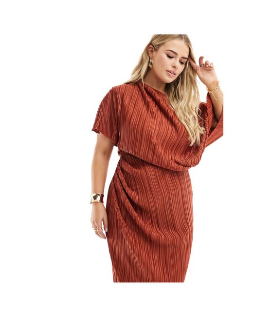 Asos Asos Design Curve Plisse Fallen Shoulder Midi Dress In Red Lyst