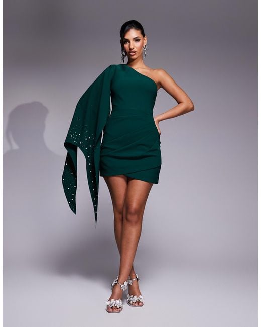 Lavish Alice One Shoulder Embellished Cape Mini Dress in Green | Lyst